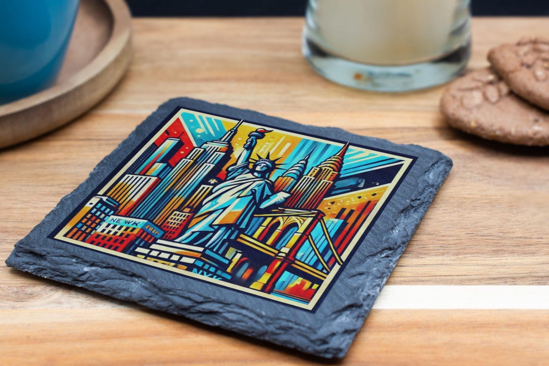 Slate Coaster With New York City Skyline Design Statue of Liberty and ...