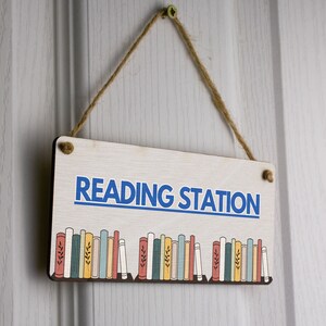 Reading Station - Plywood Hanging Room Sign - Book Lovers Library Decor ...
