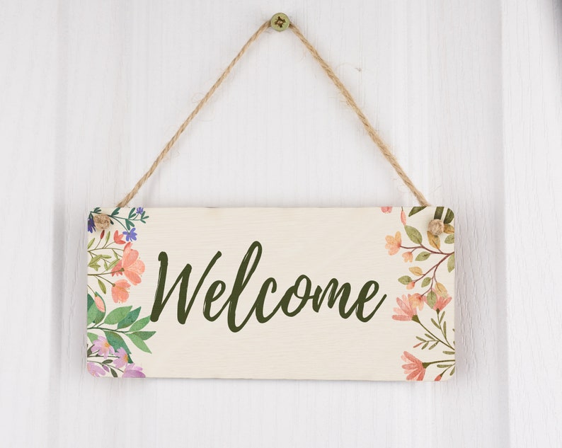Rustic Welcome Floral Plywood Sign - Full Colour Front Door Hanging ...