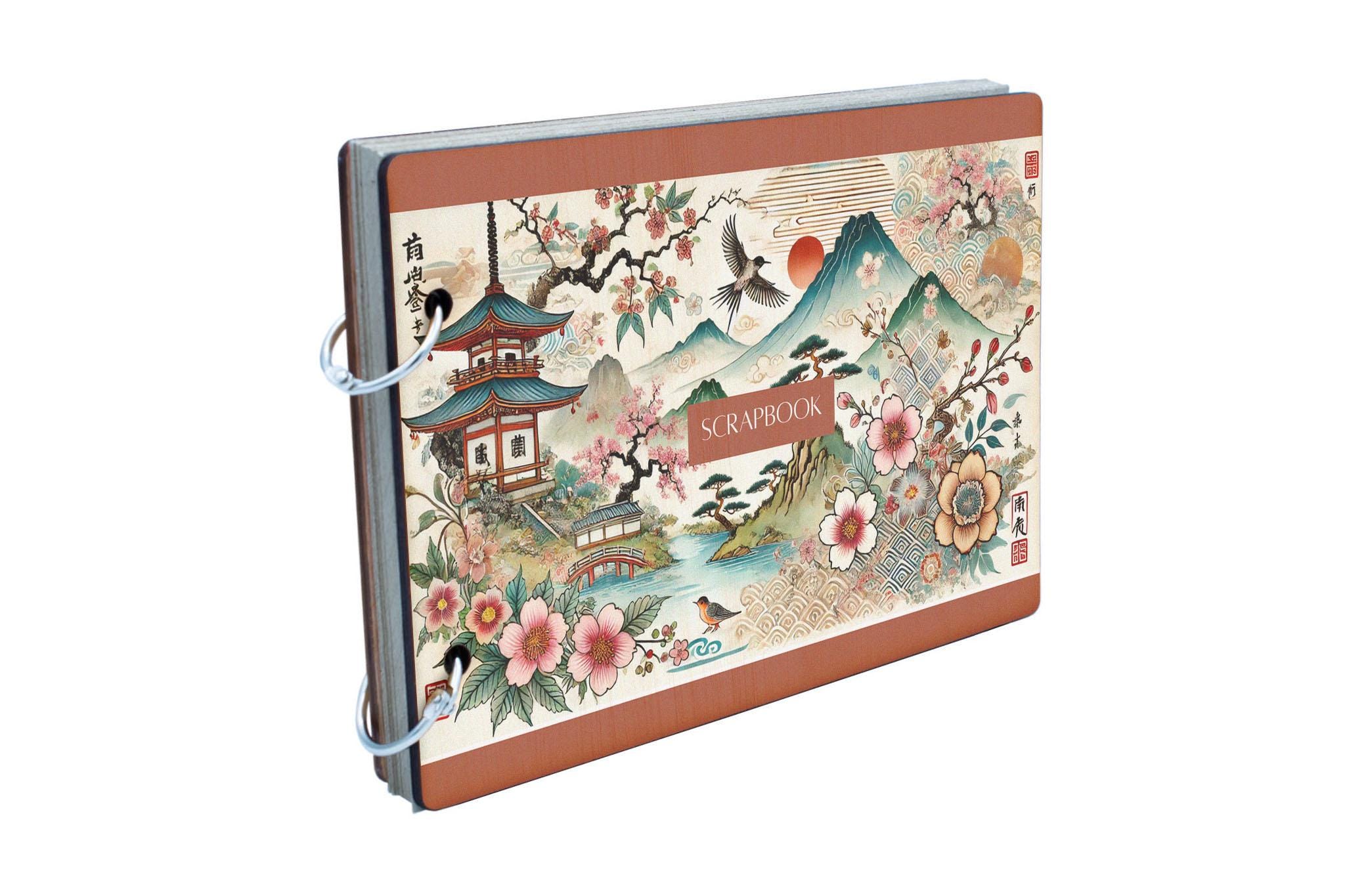 Japanese Art Watercolour Scrapbook With Pagoda Illustration and Floral ...