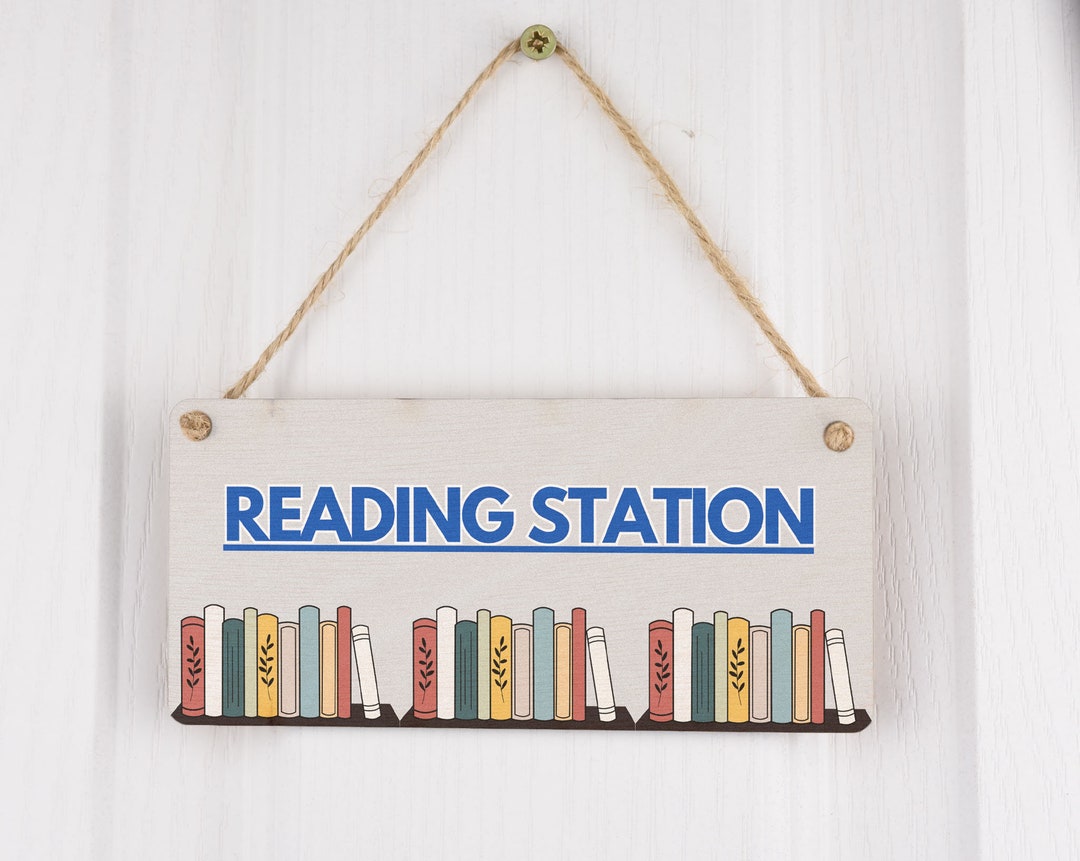 Reading Station - Plywood Hanging Room Sign - Book Lovers Library Decor ...