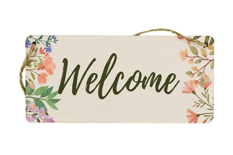 Rustic Welcome Floral Plywood Sign - Full Colour Front Door Hanging ...