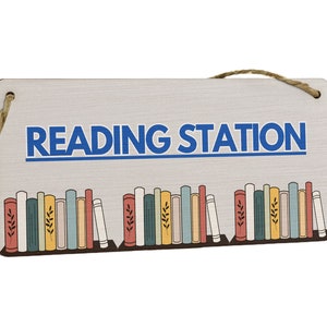 Reading Station - Plywood Hanging Room Sign - Book Lovers Library Decor ...