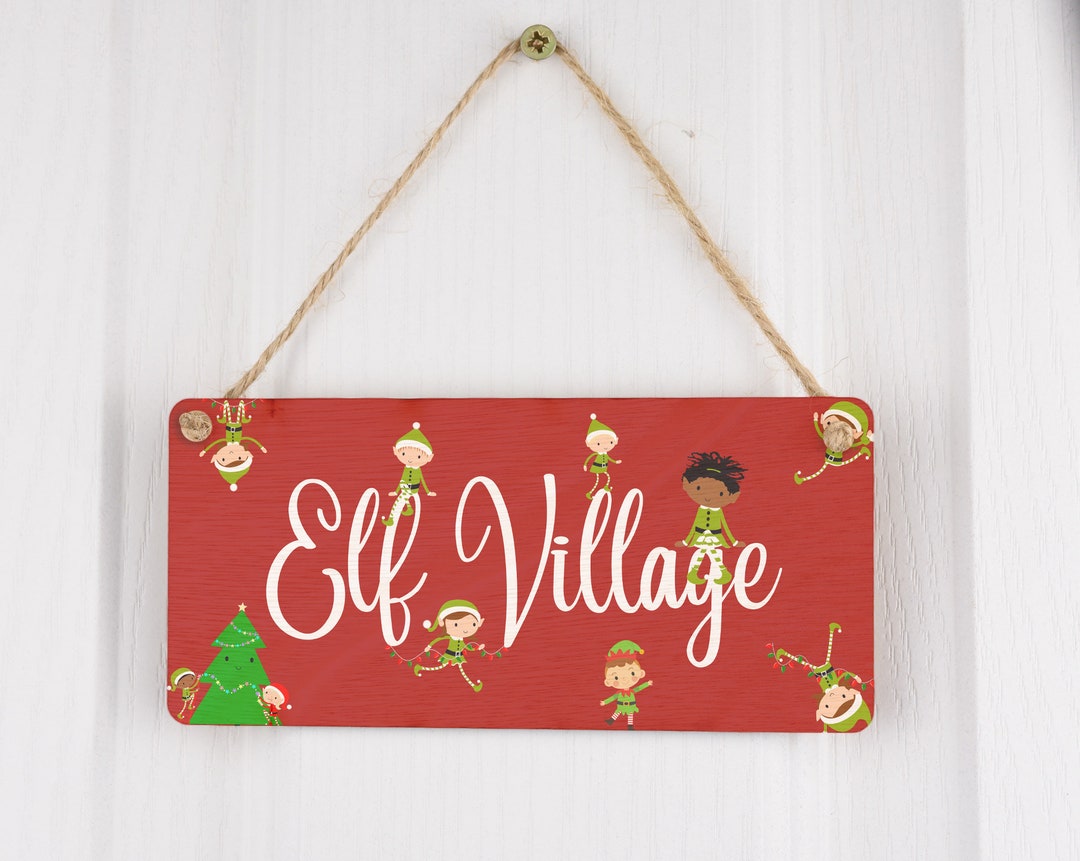 Festive Elf Village Xmas Sign - Funny Hanging Plywood Christmas ...
