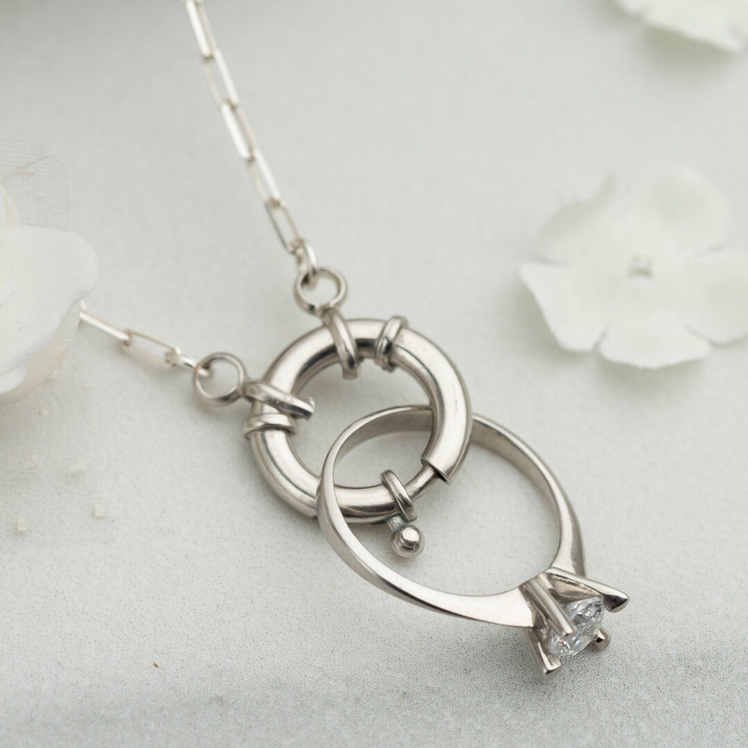 Silver Paperclip 14k Gold Filled Toggle Ring Carrier Necklace Gift for Mom, Locked Silver Ring ...