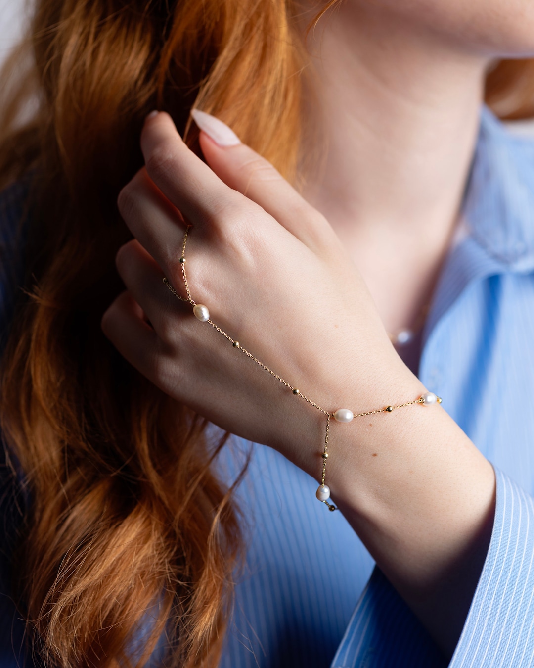 Dainty Beaded Gold Plated Hand Chain, Sister Gift Delicate Finger ...