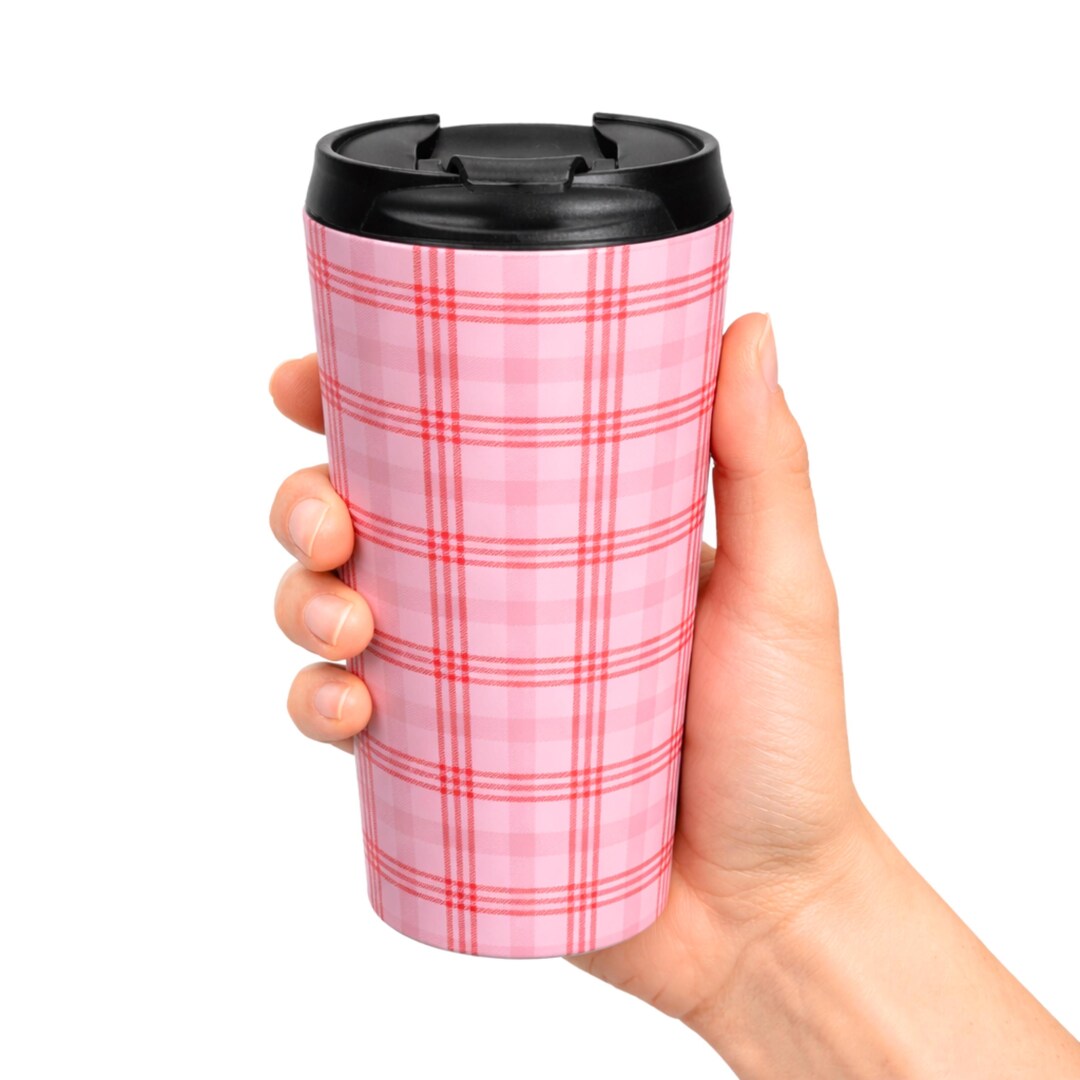 Copo térmico xadrez rosa, reutilizável, para café e chá. - Etsy Portugal