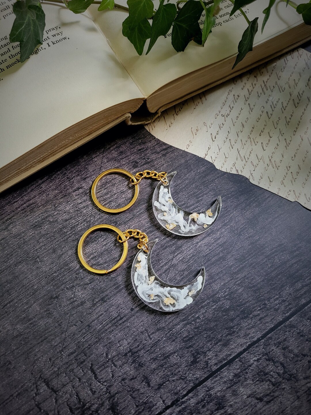 Moon Keychain Made of Resin With Gold Leaf Handmade, White - Etsy
