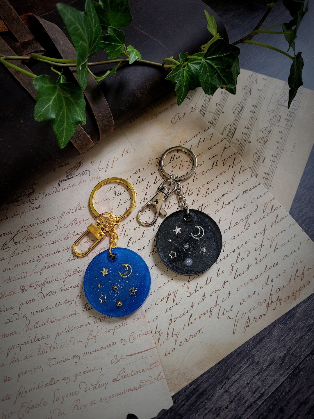Moon and Stars Keychain Made of Resin Handmade, Black/blue - Etsy