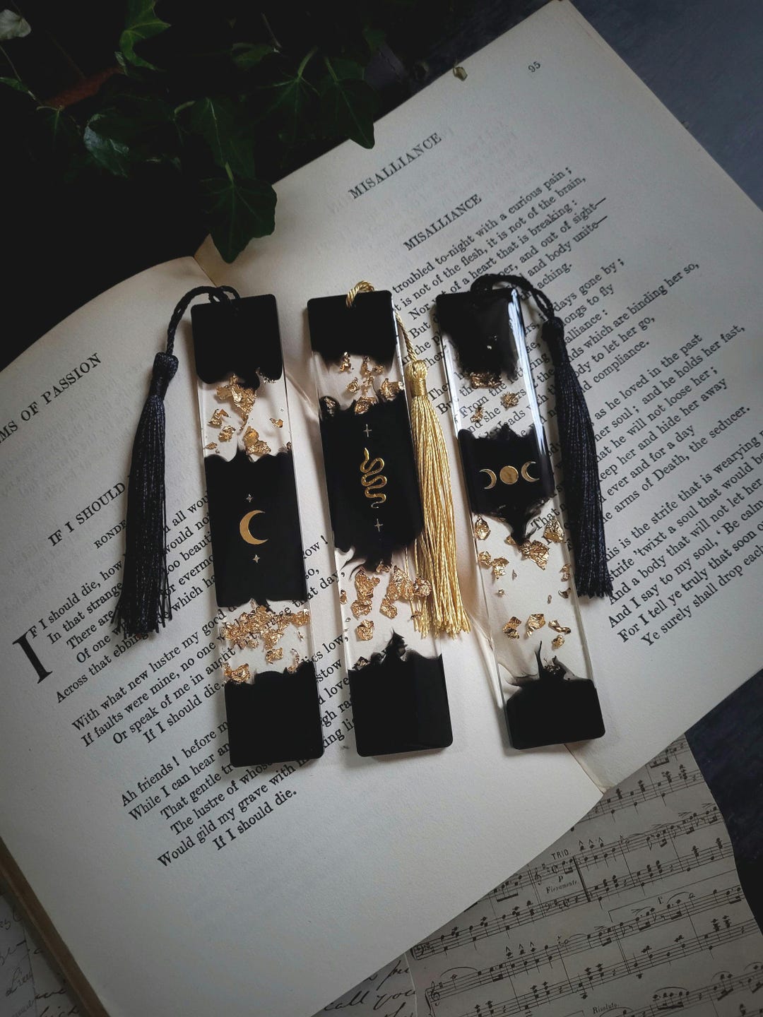 Gothic Resin Bookmark With Moon or Snake: Black and Gold - Etsy Canada