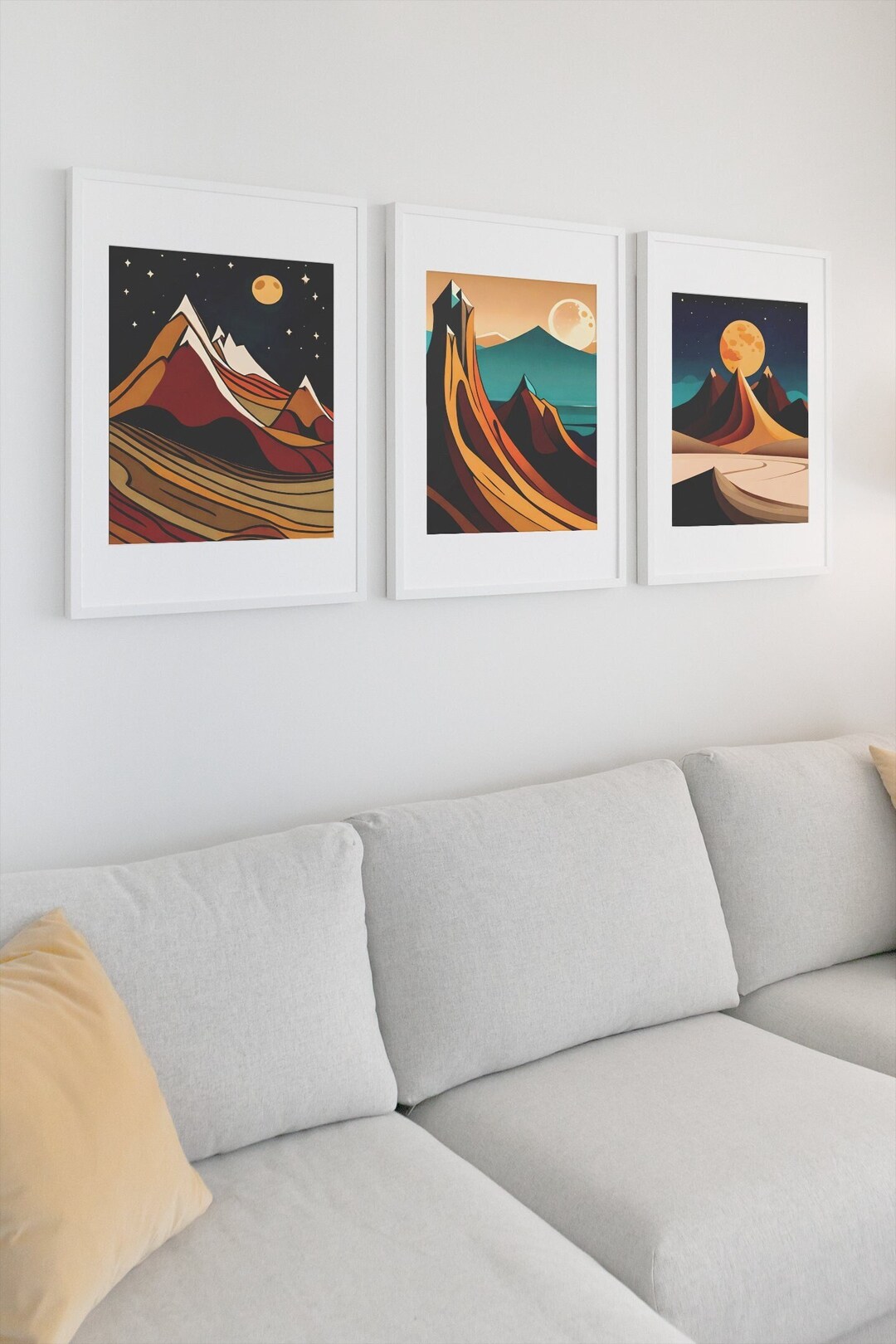 Earthy Mountain Moon Art Poster Curvilinear Wood Wall Decor With ...