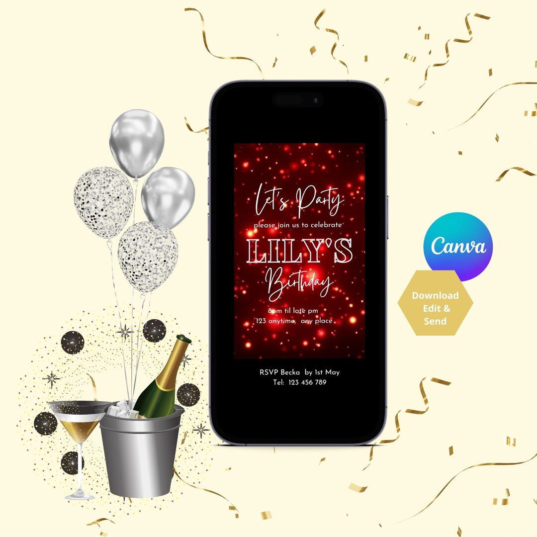 Black and Red Mobile Birthday Invitation, Electronic Birthday Invite ...