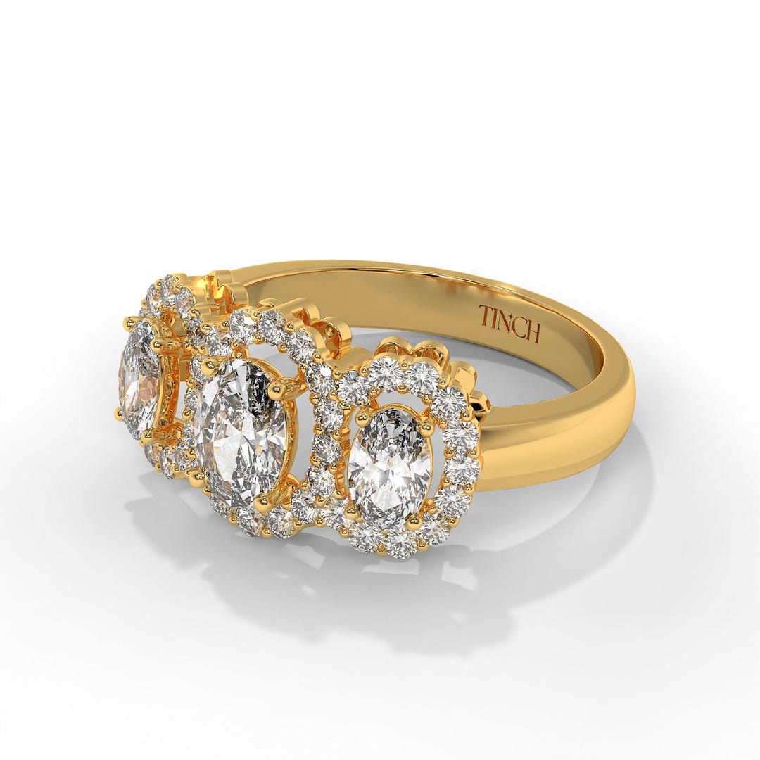 Three-stone Oval, Engagement Ring With Running Halo, Oval Diamond Ring ...