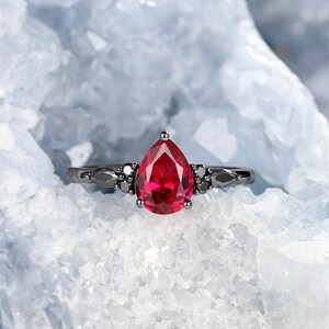 Pear Cut Ruby Gothic Engagement Ring Set, Vintage 14K Black Gold Red ...
