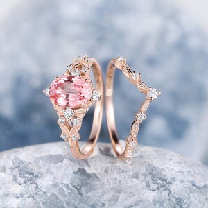 Oval Shape Pink Sapphire Engagement Ring Set, Natural Leaf Vine Peach ...