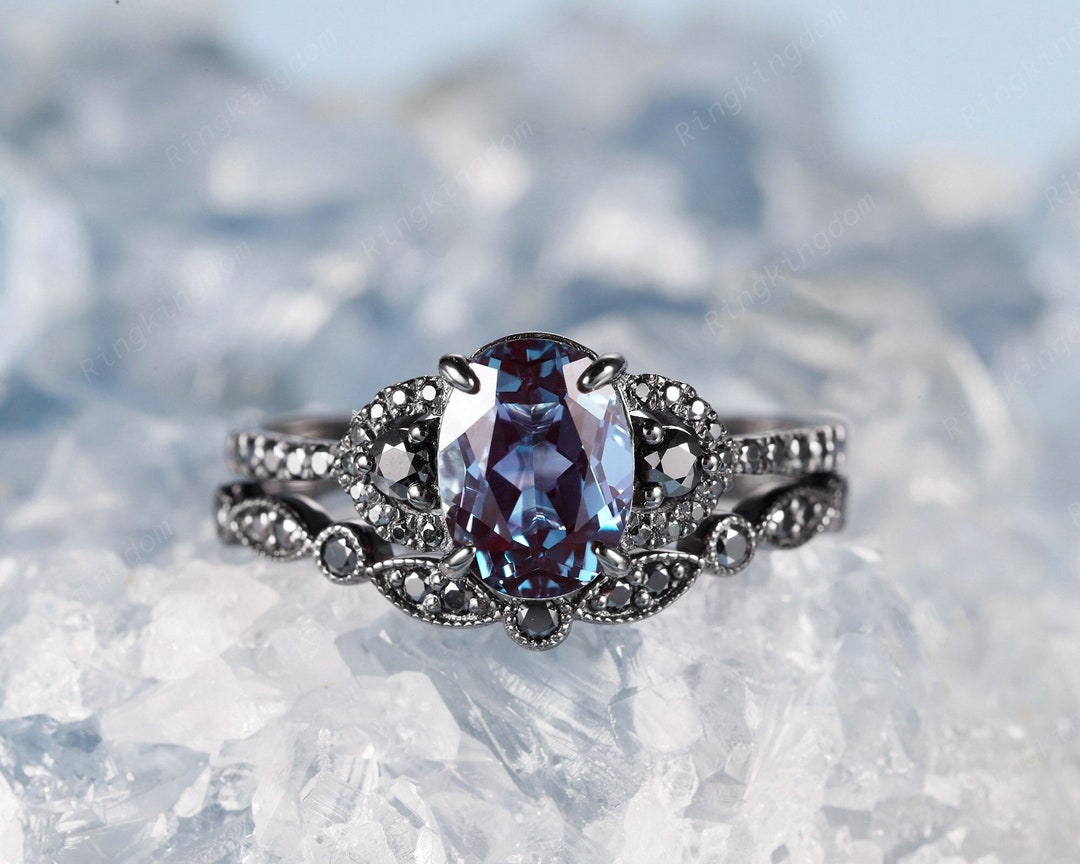Vintage Black Gold Oval Cut Alexandrite Engagement Ring Set, Rhodium ...