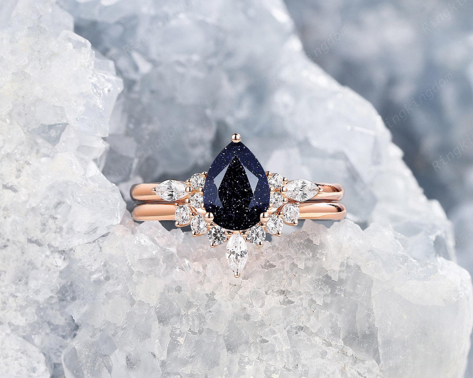 Vintage Pear Cut Nebula Blue Sandstone Bridal Set Galaxy Blue Goldstone ...