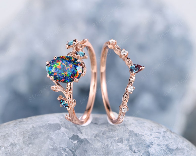 Oval Cut Black Fire Opal Bridal Set, Vintage Faceted Black Opal ...