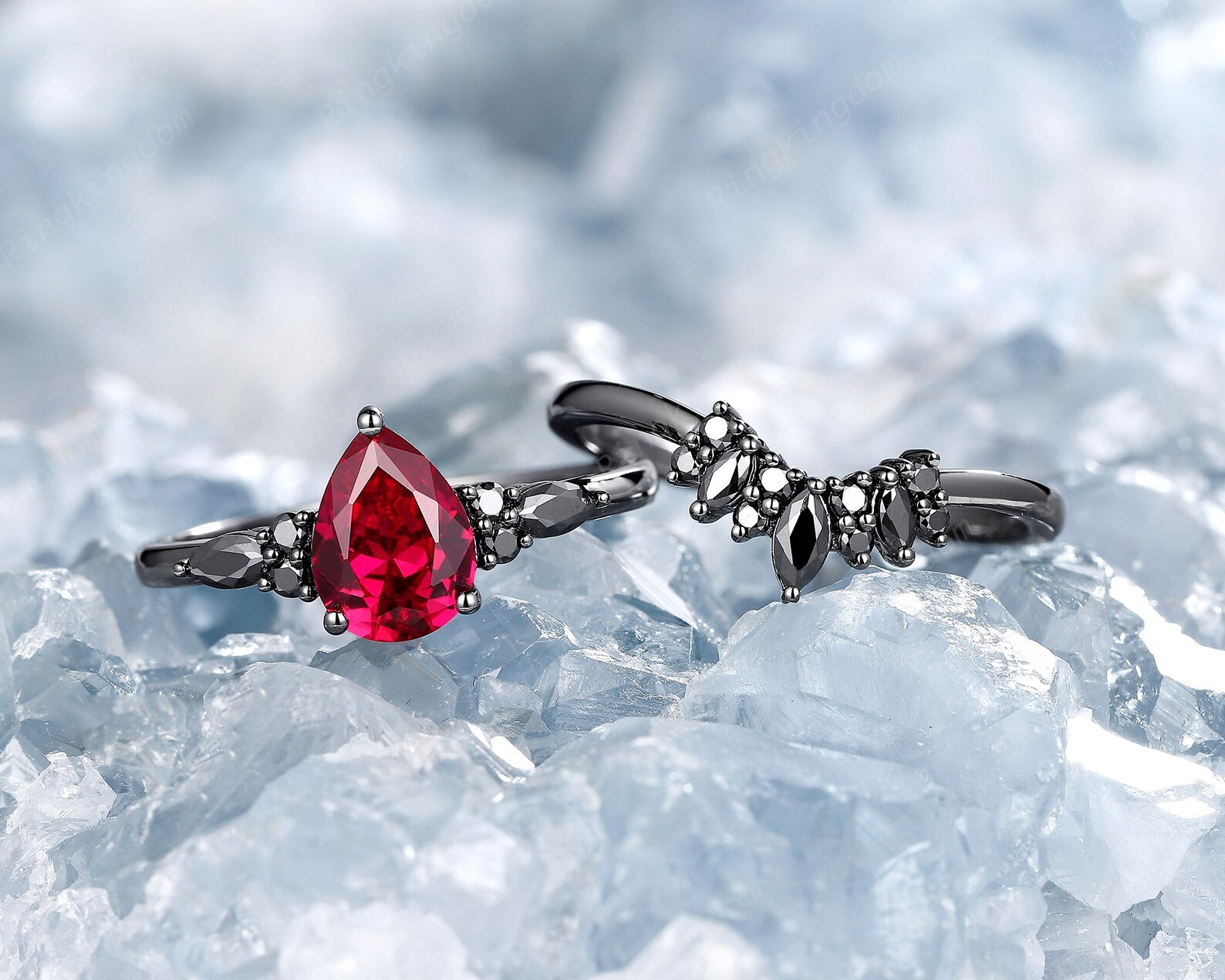 Pear Cut Ruby Gothic Engagement Ring Set, Vintage 14K Black Gold Red ...