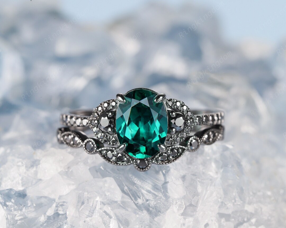 Gothic Black Gold Oval Cut Emerald Engagement Ring Set, Rhodium Black ...