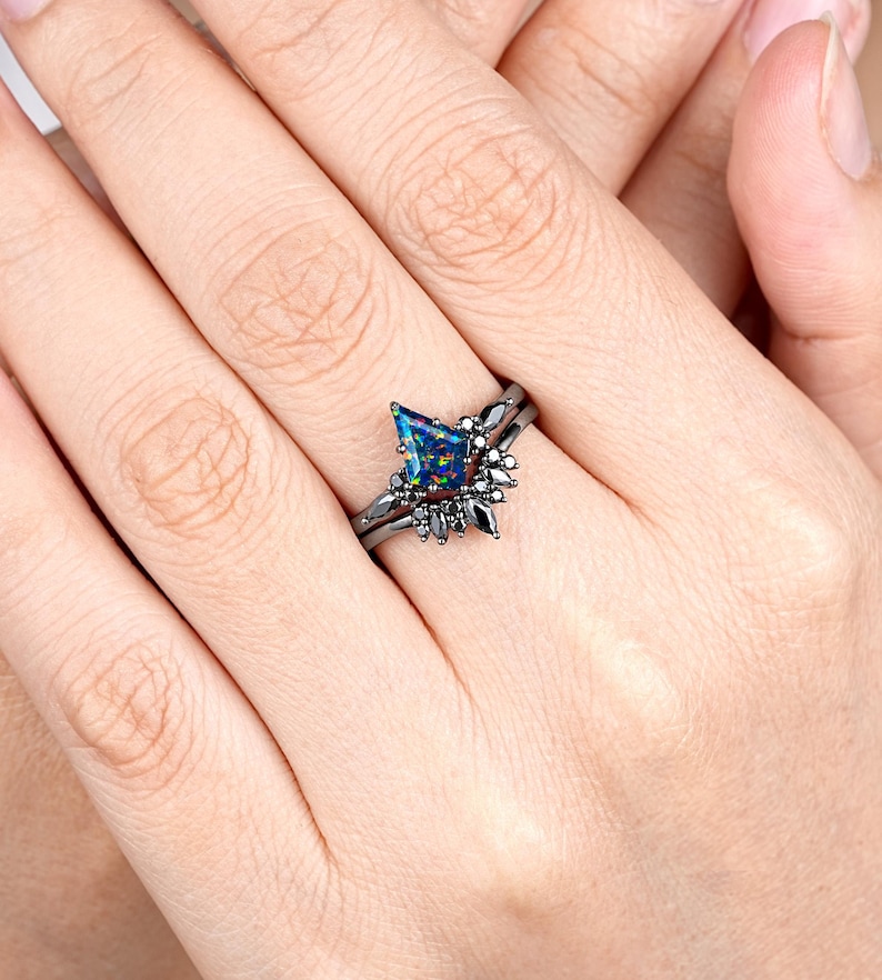 Gothic Kite Cut Black Opal Engagement Ring Set Rhodium Black Gold Black ...