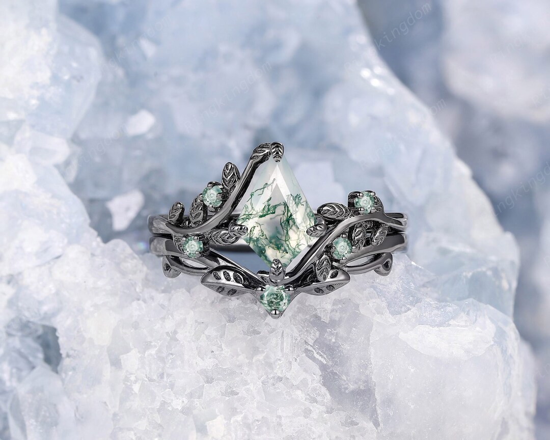 Gothic Kite Cut Moss Agate Engagement Ring Set, 14K Black Gold Natural ...
