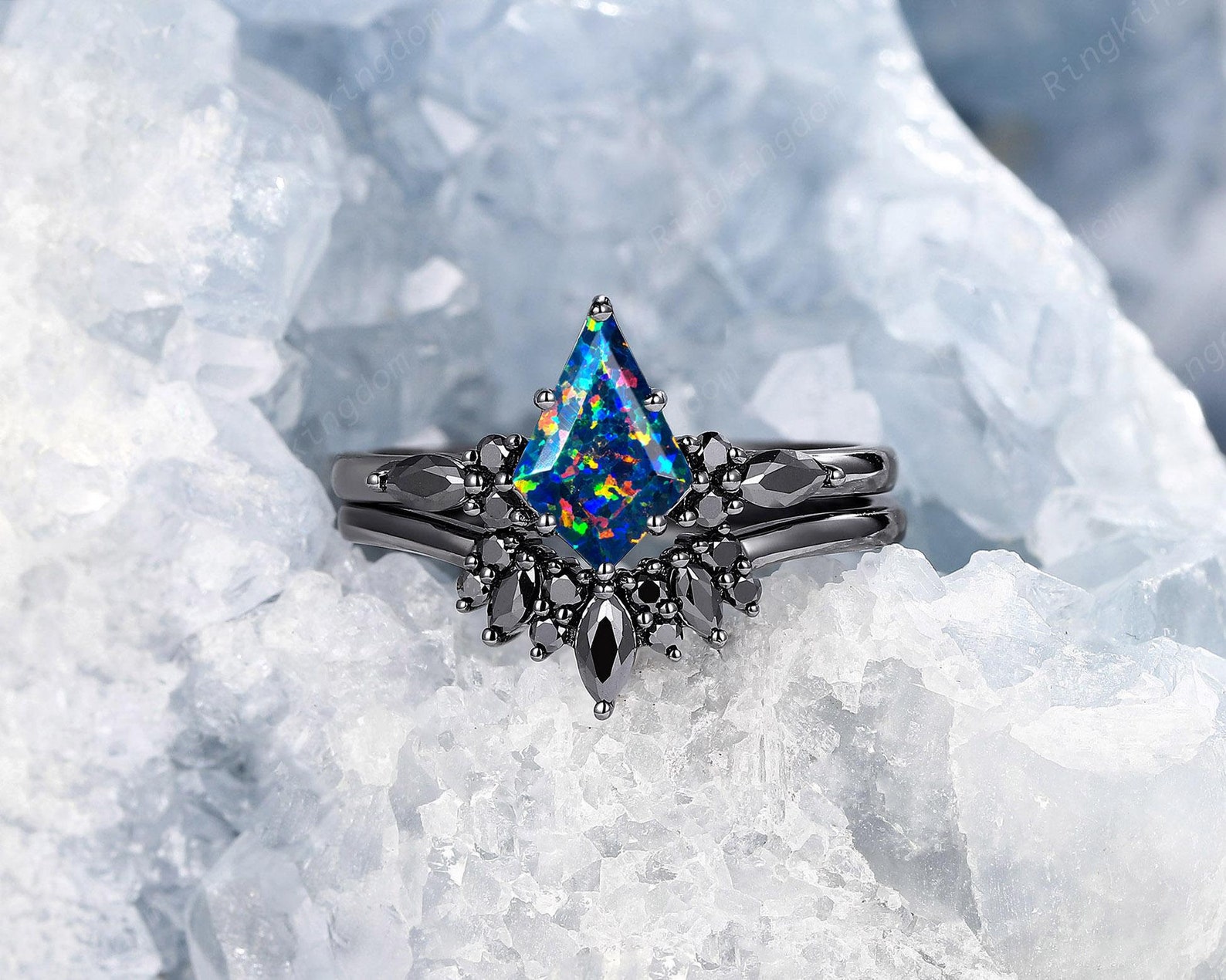 Gothic Kite Cut Black Opal Engagement Ring Set Rhodium Black Gold Black ...