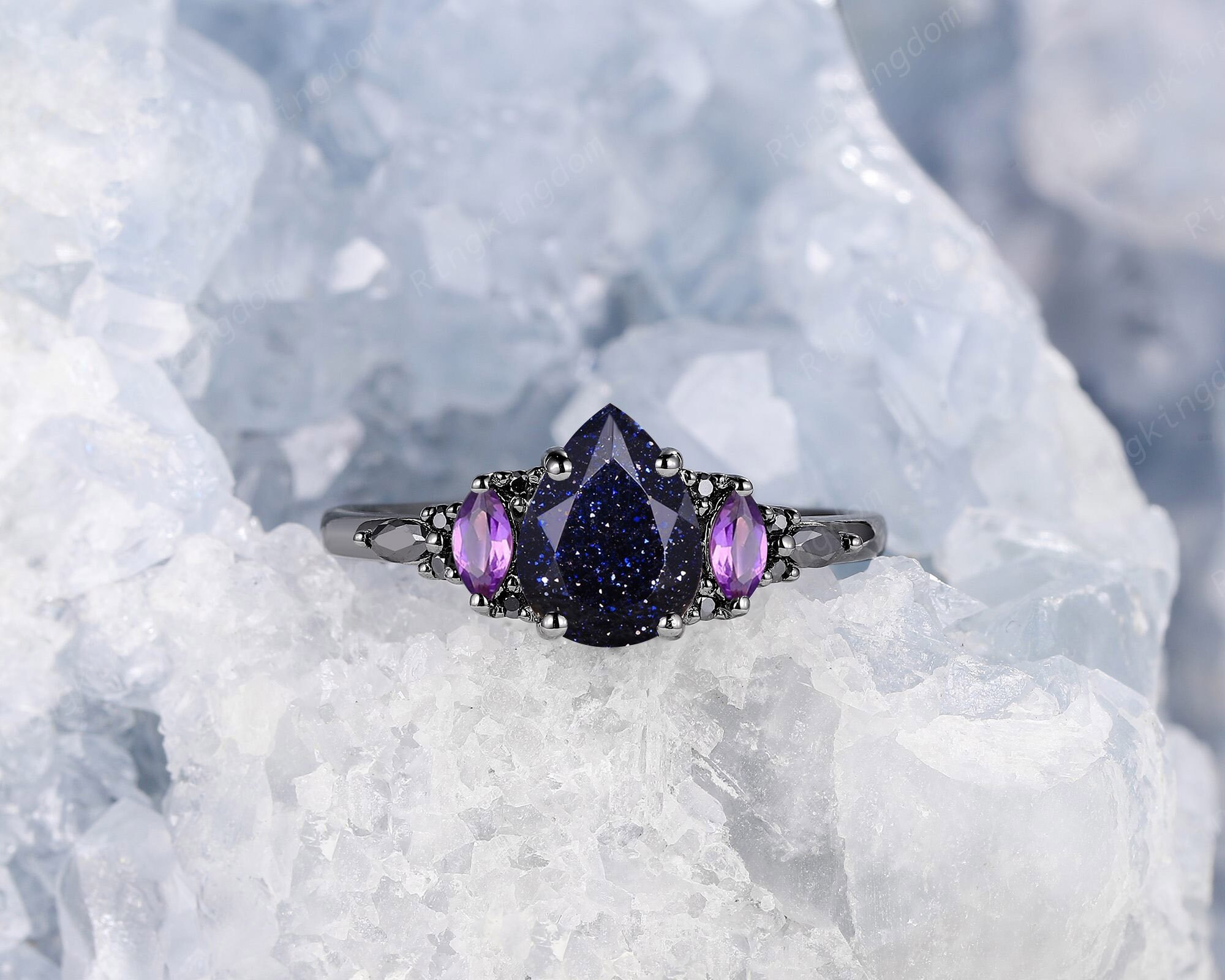 Gothic Pear Cut Nebula Blue Sandstone Bridal Set Rhodium Black Gold ...