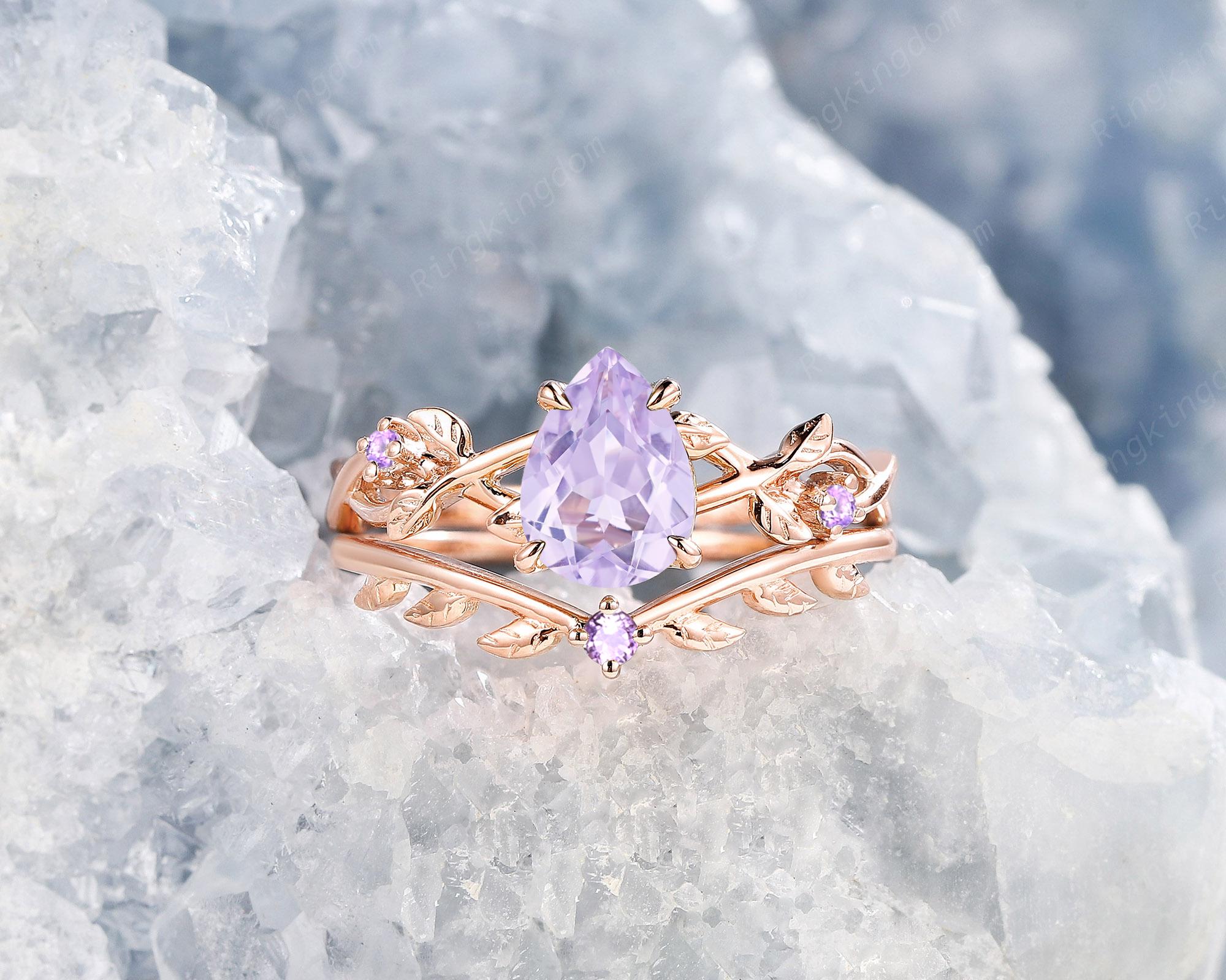 Nature Inspired Lavender Amethyst Bridal Set 14K Rose Gold Vine Leaf ...