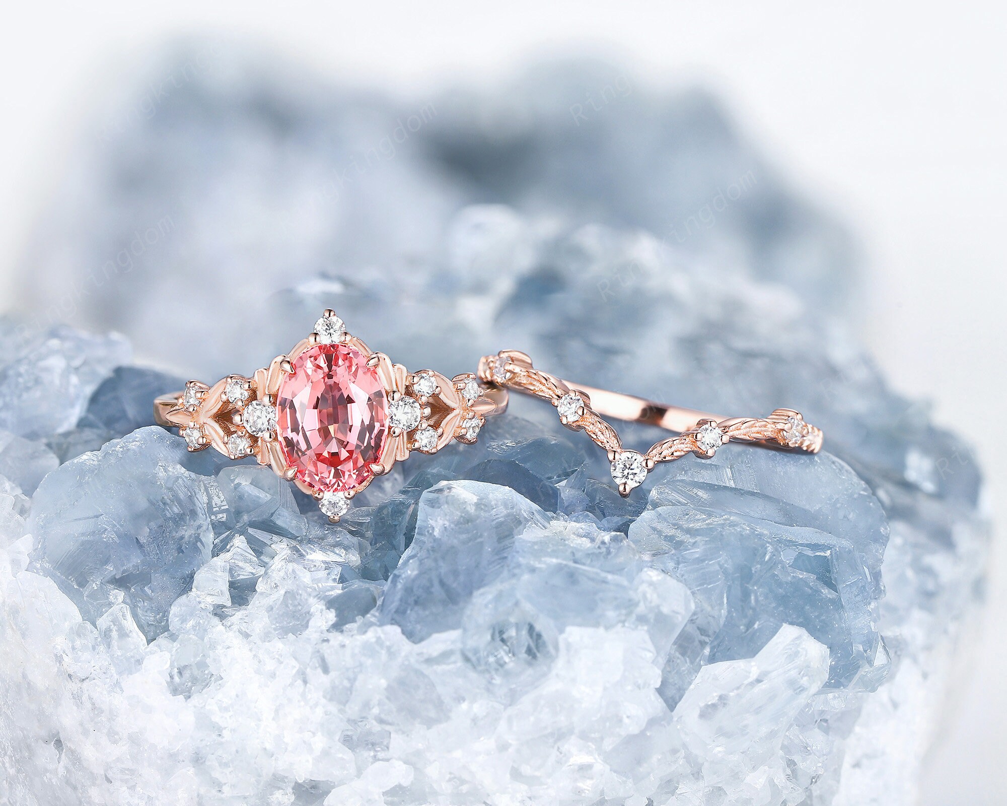 Oval Shape Pink Sapphire Engagement Ring Set, Natural Leaf Vine Peach ...