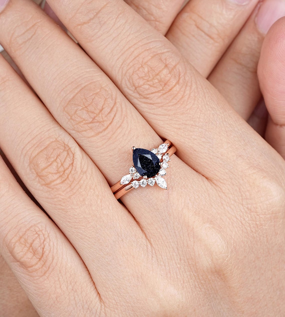 Vintage Pear Cut Nebula Blue Sandstone Bridal Set Galaxy Blue Goldstone ...