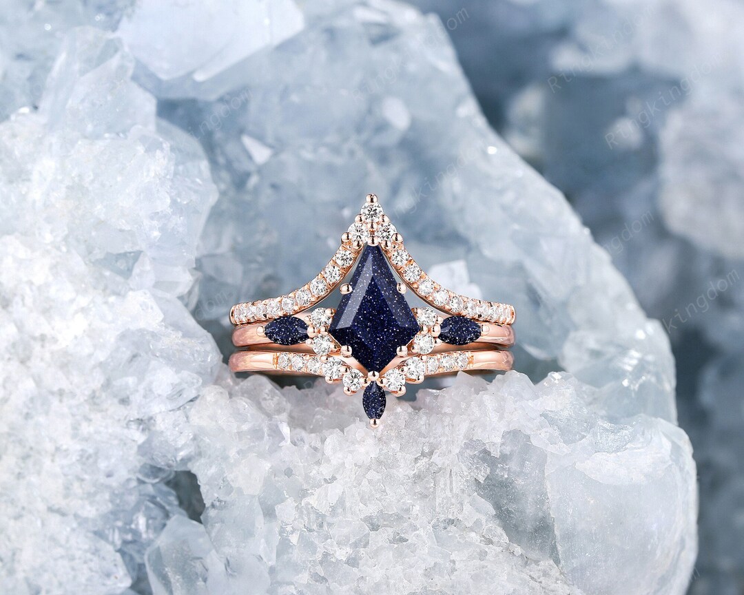 Orion Nebula Blue Sandstone Bridal Set, 3PCS Kite Cut Blue Goldstone ...