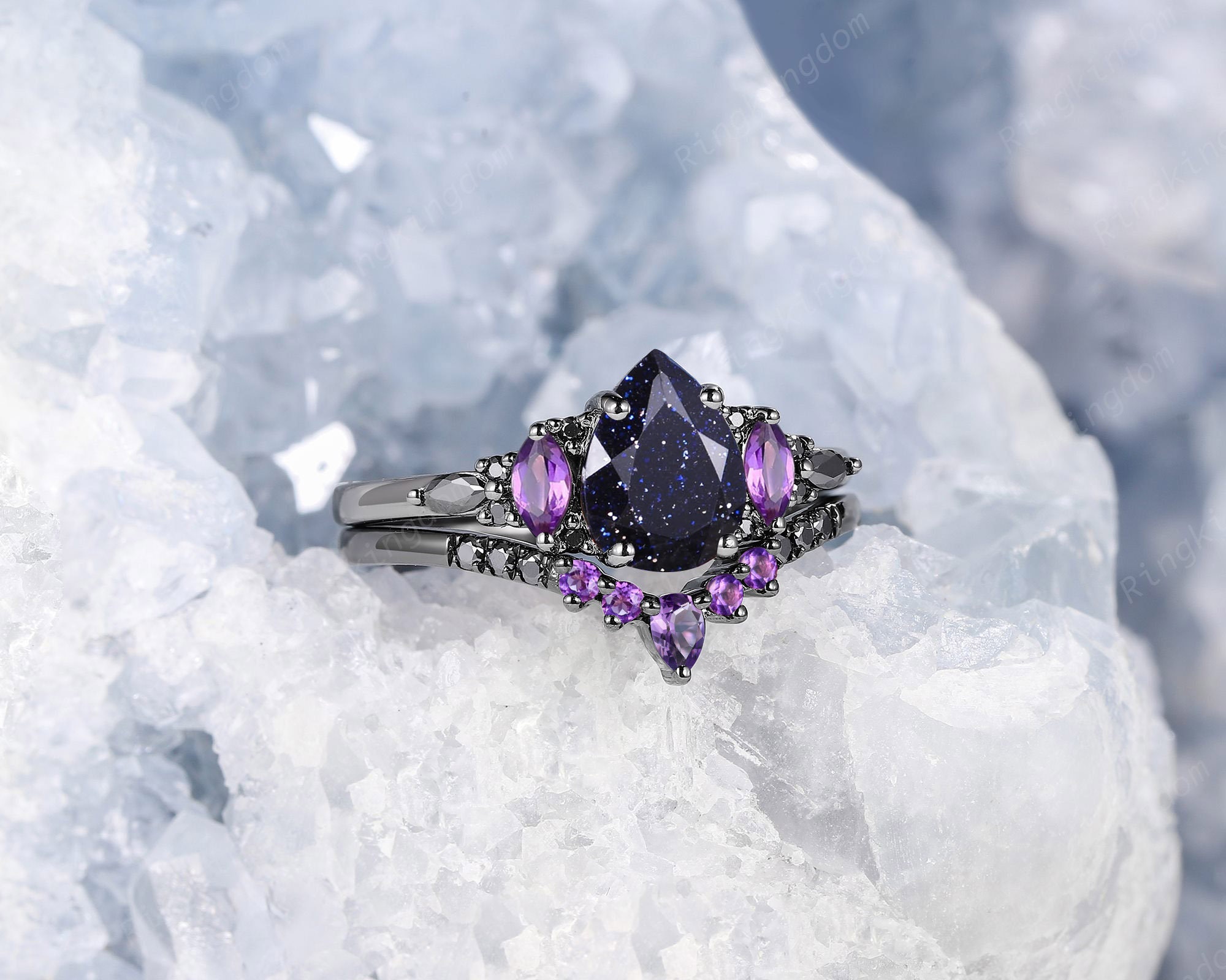 Gothic Pear Cut Nebula Blue Sandstone Bridal Set Rhodium Black Gold ...