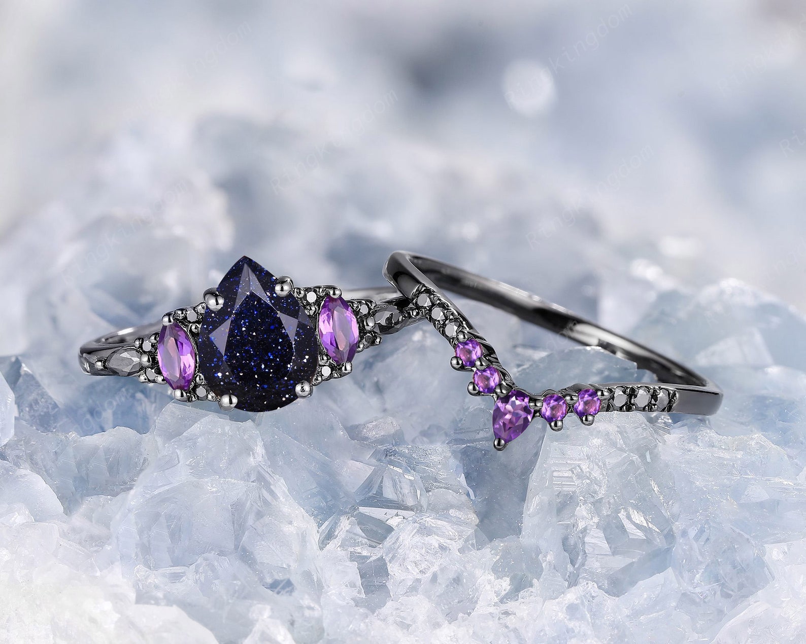 Gothic Pear Cut Nebula Blue Sandstone Bridal Set Rhodium Black Gold ...