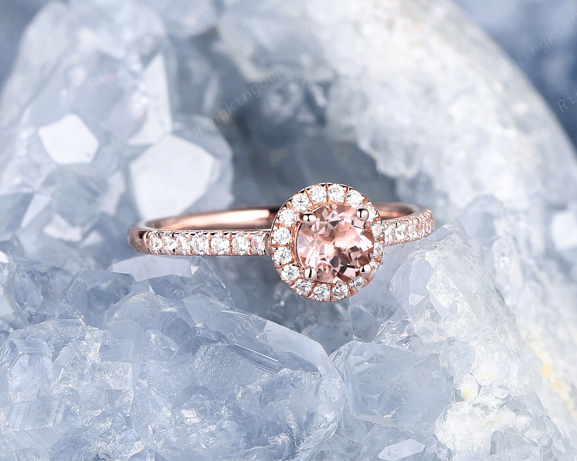 Unique Pink Morganite Halo Engagement Ring, 14K 18K Rose Gold Morganite ...