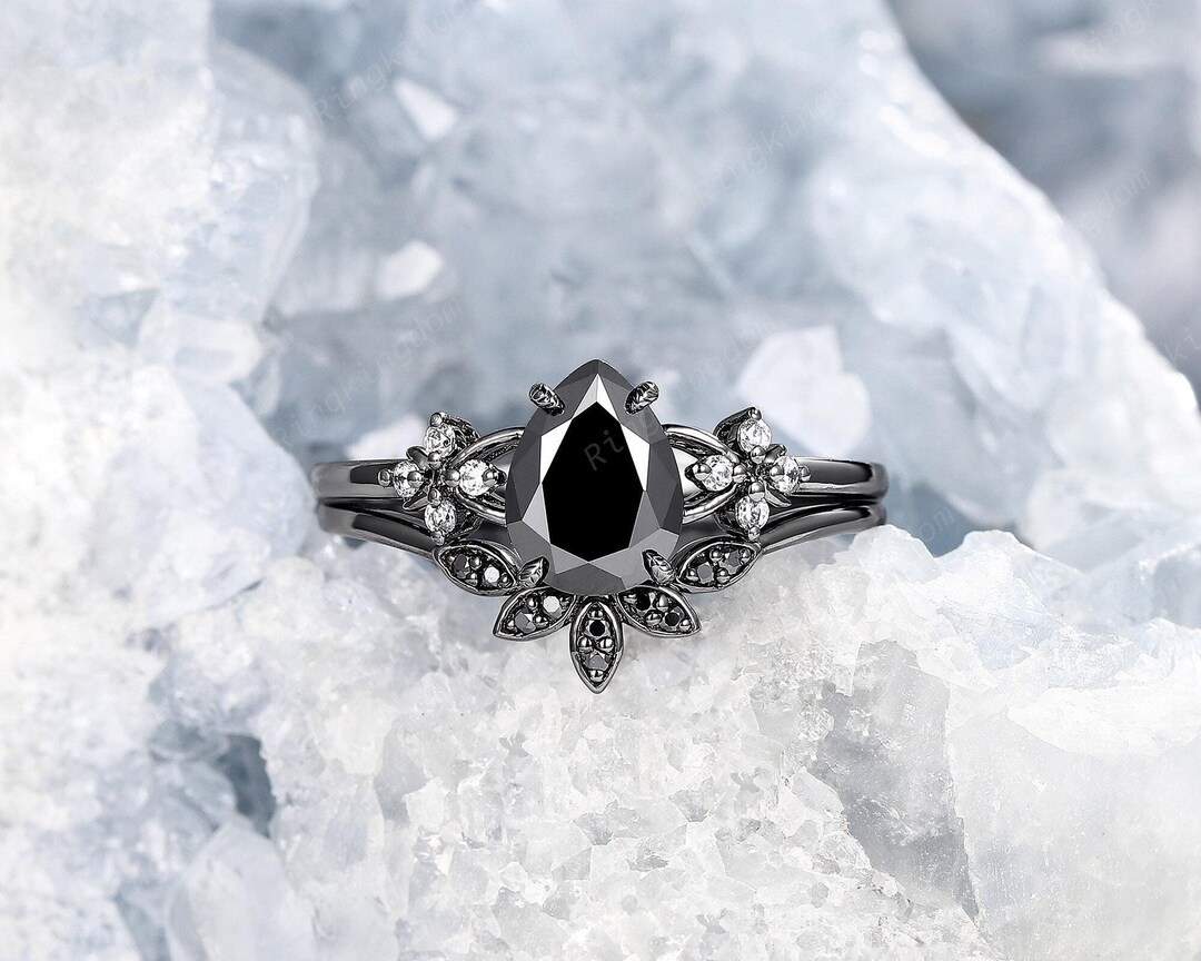 Gothic Pear Cut Black Moissanite Bridal Set, Rhodium Black Gold Witchy ...