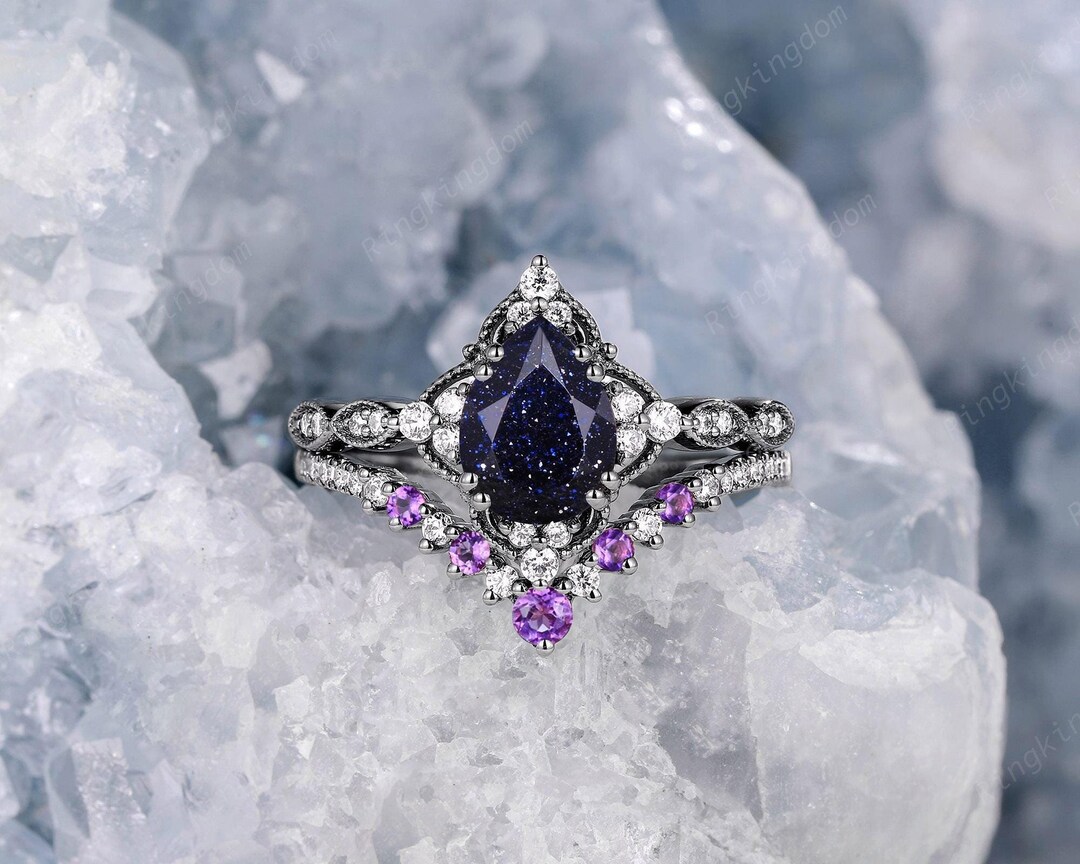 Gothic Orion Nebula Blue Sandstone Engagement Ring Set Rhodium Black ...