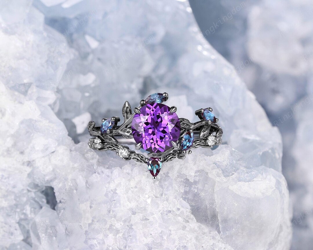 Gothic Round Purple Sapphire Engagement Ring Set, 14K Black Gold ...