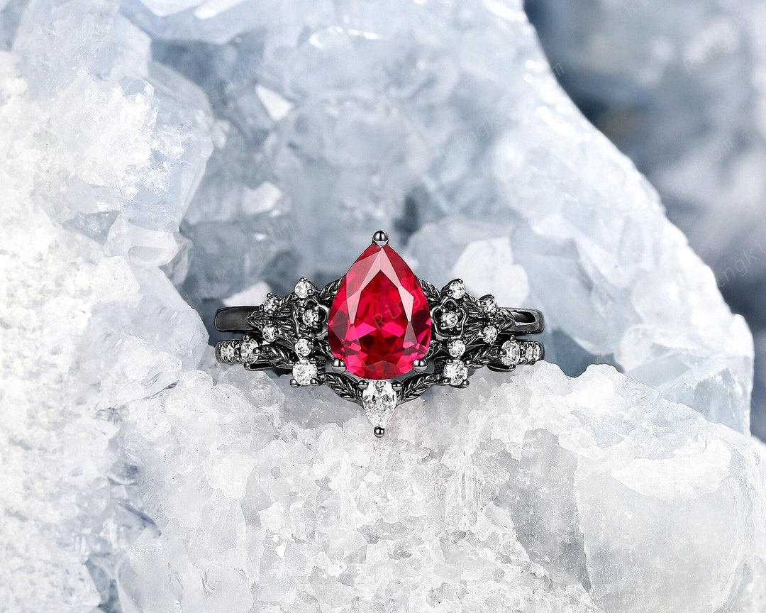 Gothic Pear Cut Red Ruby Engagement Ring Set, Rhodium Black Gold Twig ...