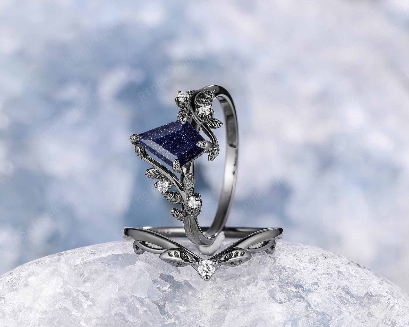 Orion Nebula Blue Sandstone Engagement Ring Set Rhodium Black Gold Kite ...