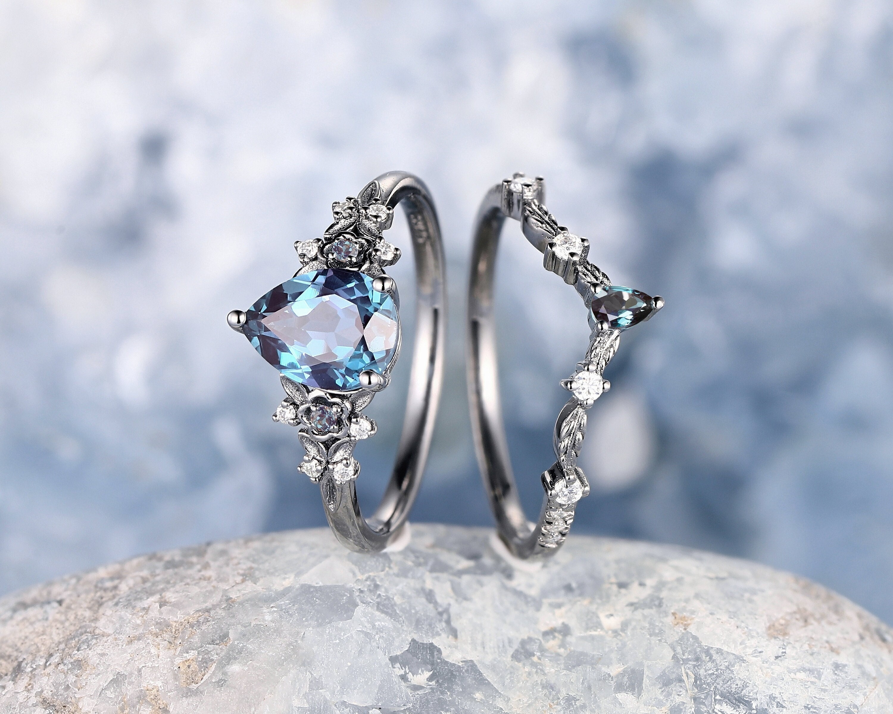 Unique Pear Shape Alexandrite Engagement Ring Set, Rhodium Black Gold ...