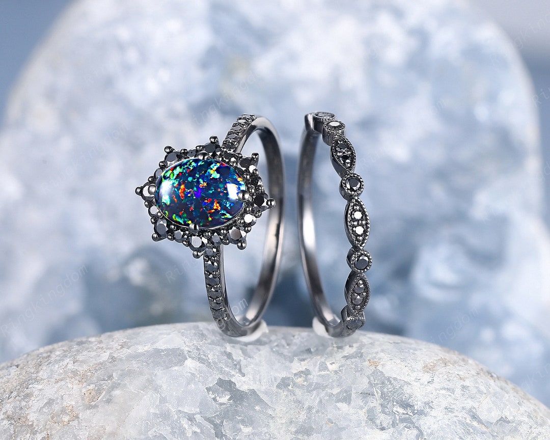 Vintage Black Fire Opal Engagement Ring Set, Rhodium Black Opal Halo Wedding Set, Gothic Black ...