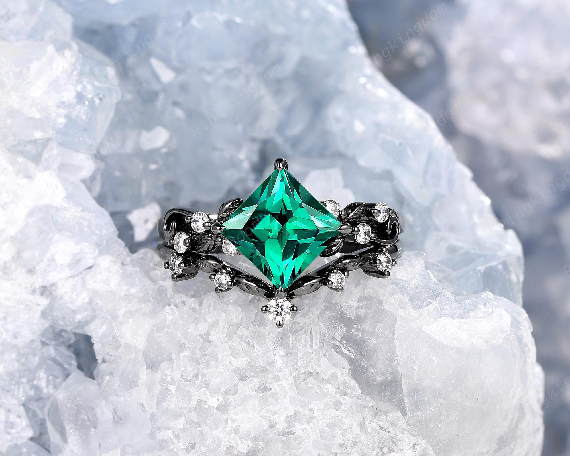 Princess Cut Emerald and Diamond Bridal Set, 14K Black Gold May ...