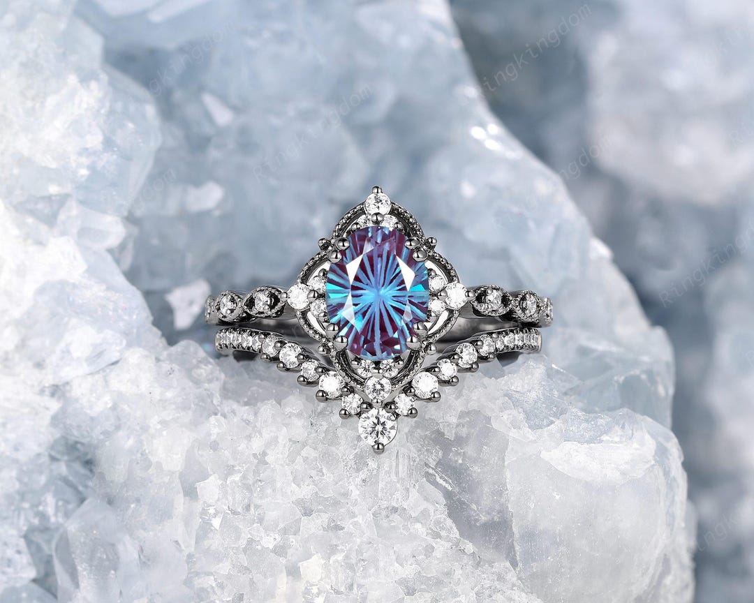 Firework Cut Alexandrite Engagement Ring 14K Black Gold Milgrain ...
