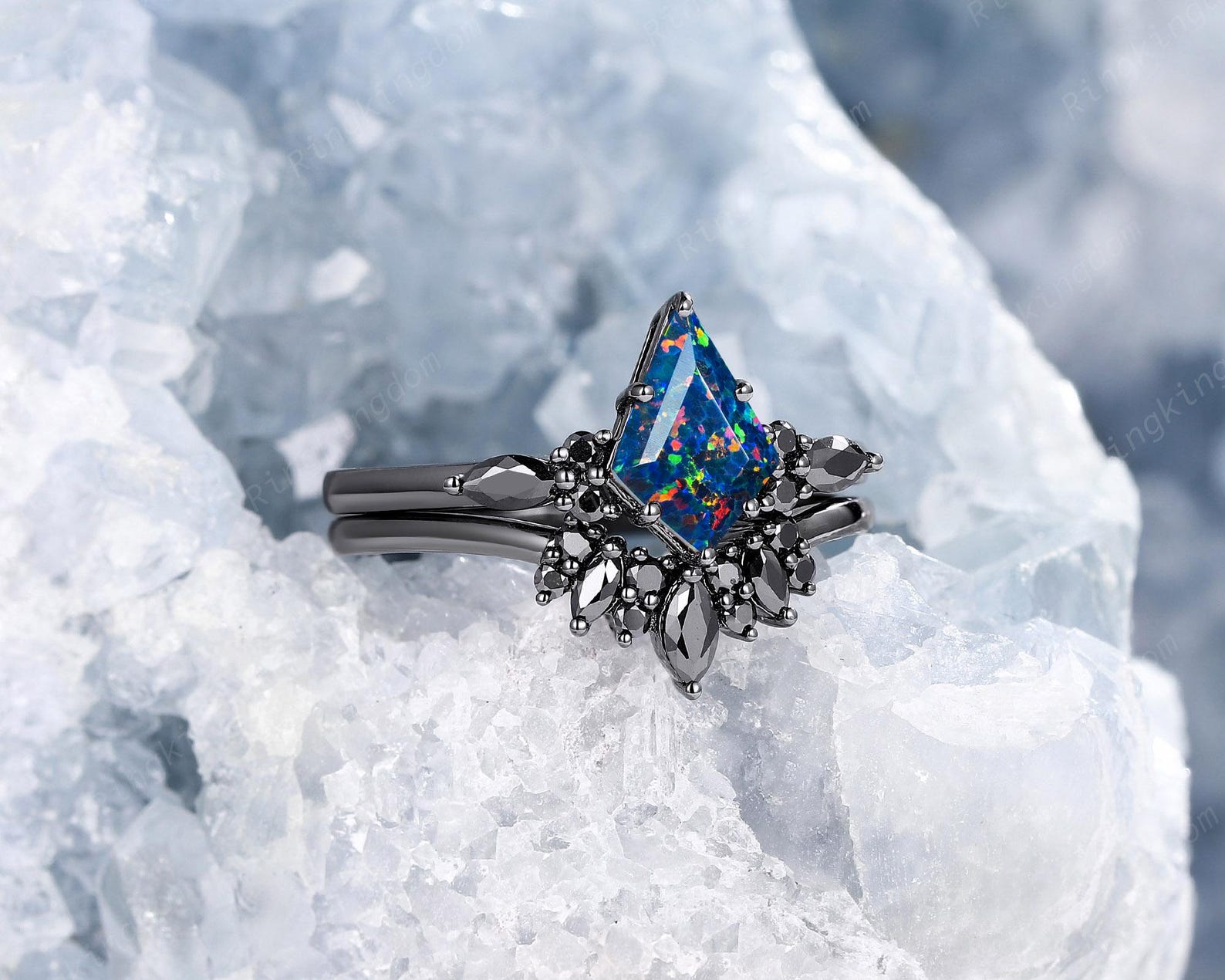 Gothic Kite Cut Black Opal Engagement Ring Set Rhodium Black Gold Black ...