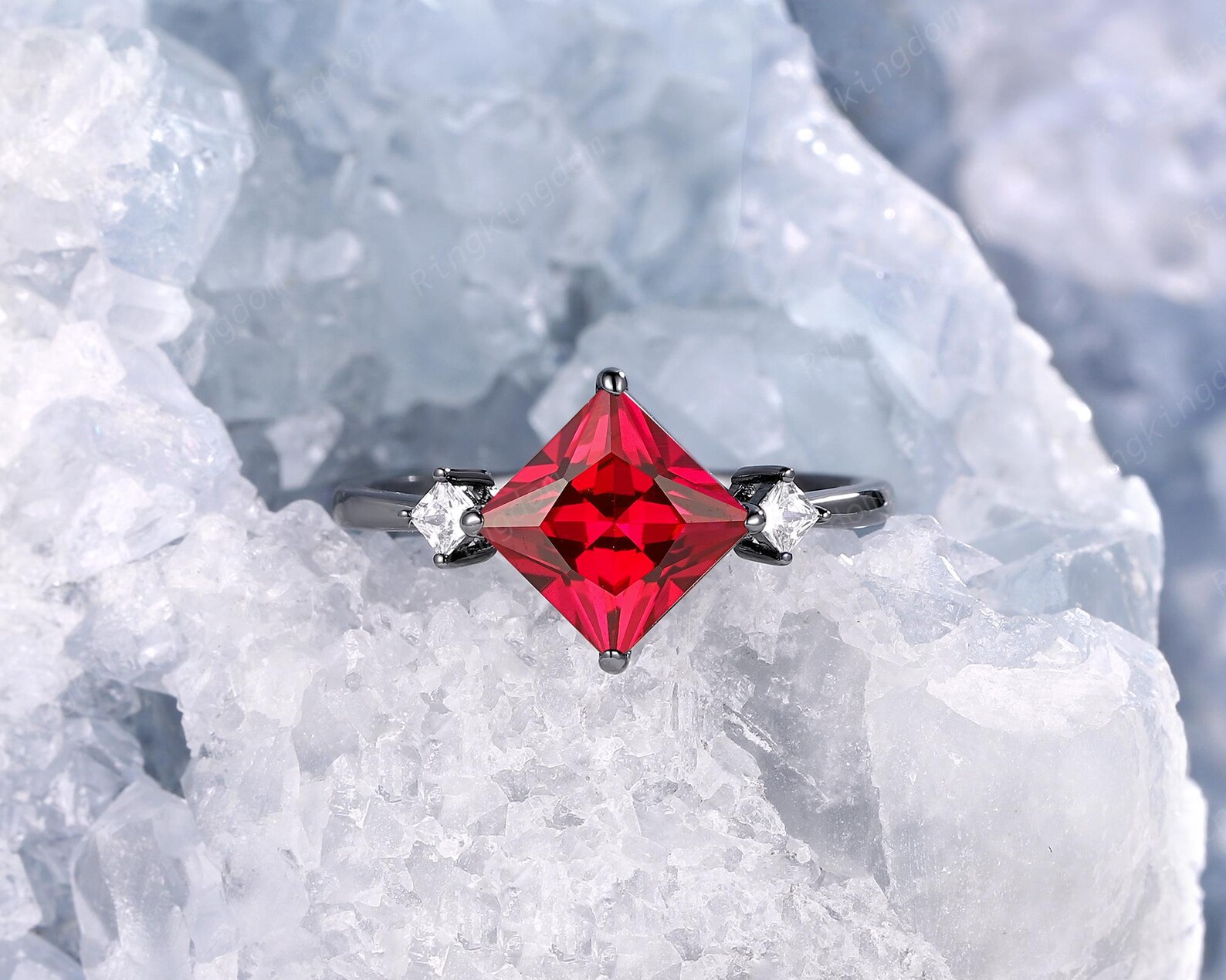 Gothic Princess Cut Ruby Engagement Ring Rhodium Black Gold July ...