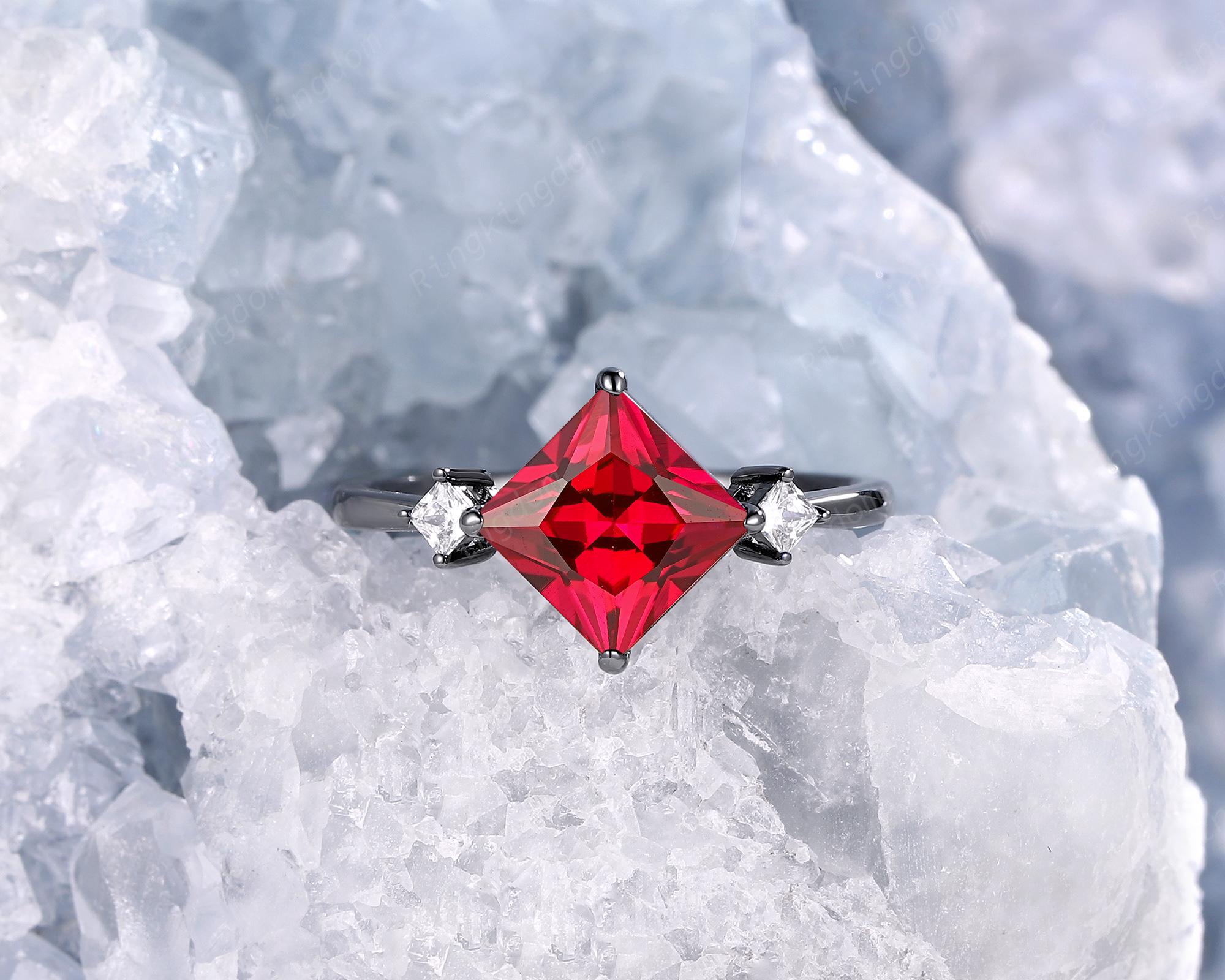 Gothic Princess Cut Ruby Engagement Ring Rhodium Black Gold July ...