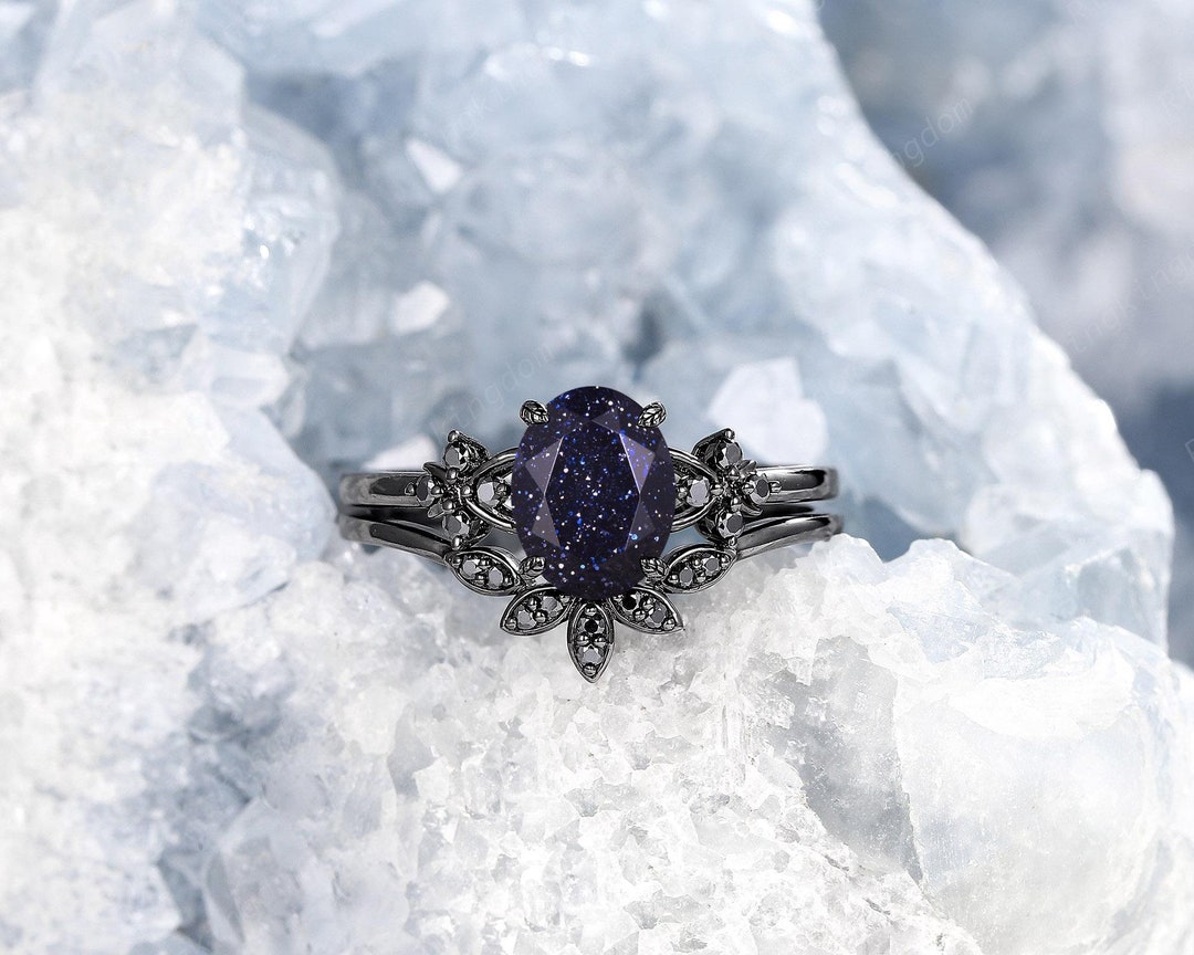 Orion Nebula Blue Sandstone Gothic Engagement Ring Rhodium Black Gold ...