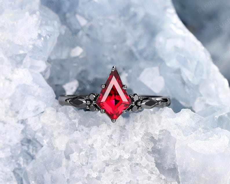 Gothic Kite Red Ruby Engagement Ring Set Rhodium Black Gold July ...