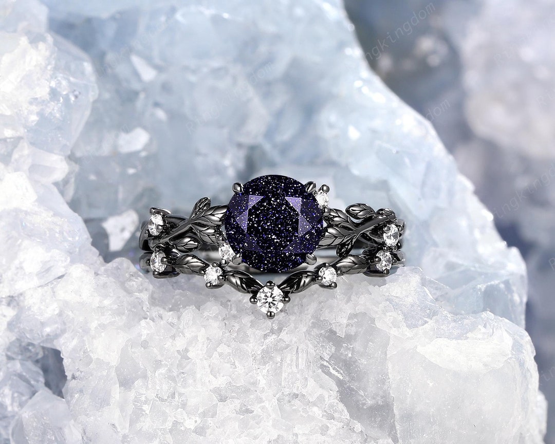 Round Cut Nebula Blue Sandstone Bridal Set Gothic Black Gold Blue ...